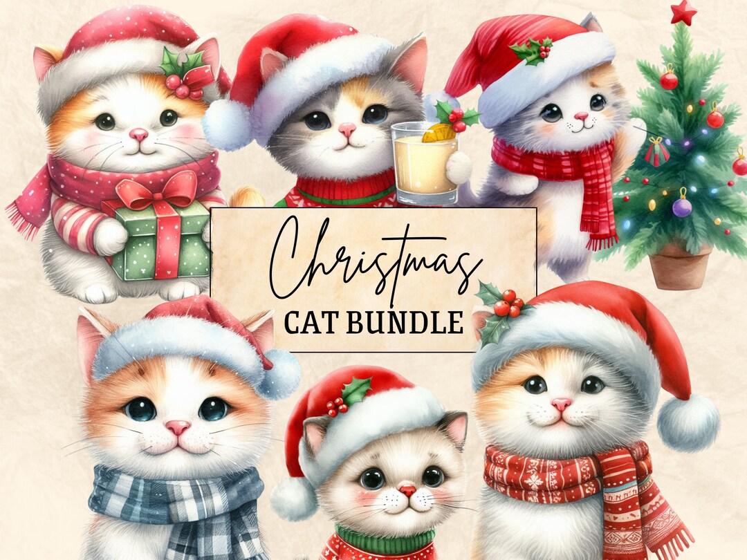 Christmas Cat Clipart Bundle, Cute Kitty Clip Art, Cat Lovers Images ...