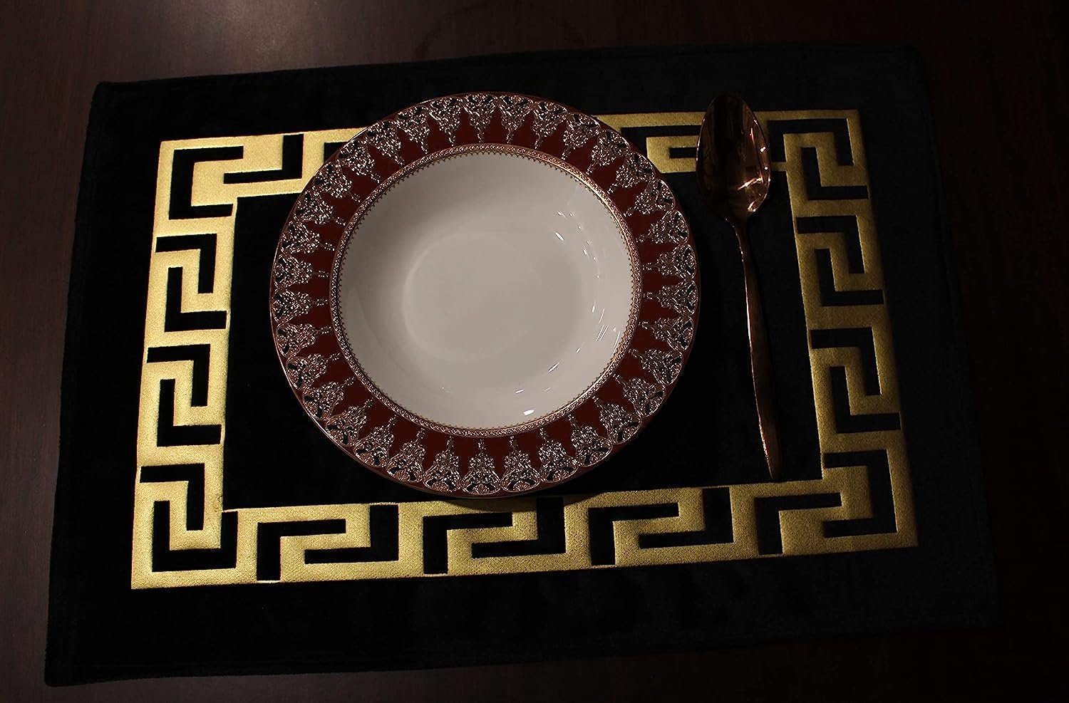 7 PC Elegant Greek Style Luxury Velvet Black Table Runner With Place ...