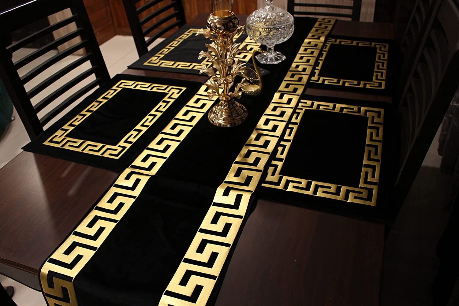 7 PC Elegant Greek Style Luxury Velvet Black Table Runner With Place ...
