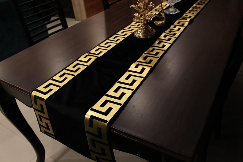 7 PC Elegant Greek Style Luxury Velvet Black Table Runner With Place ...