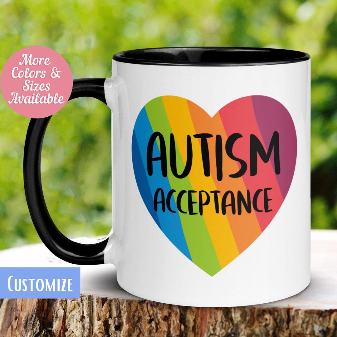 Autism Acceptance Coffee Mug, Colorful Rainbow Heart, Inspirational ...