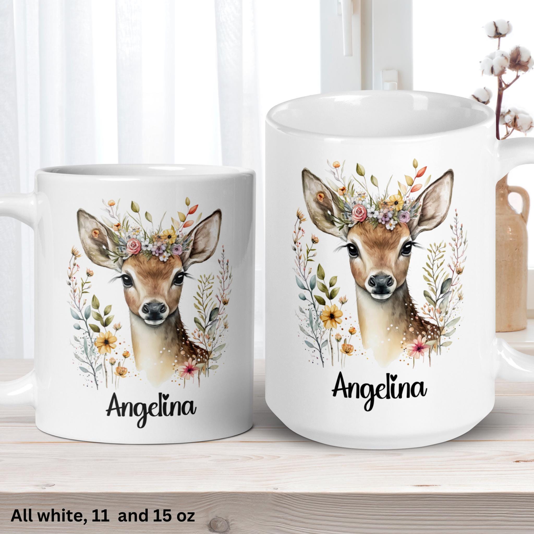 Personalized Floral Deer Mug, Custom Name Coffee Cup - Etsy