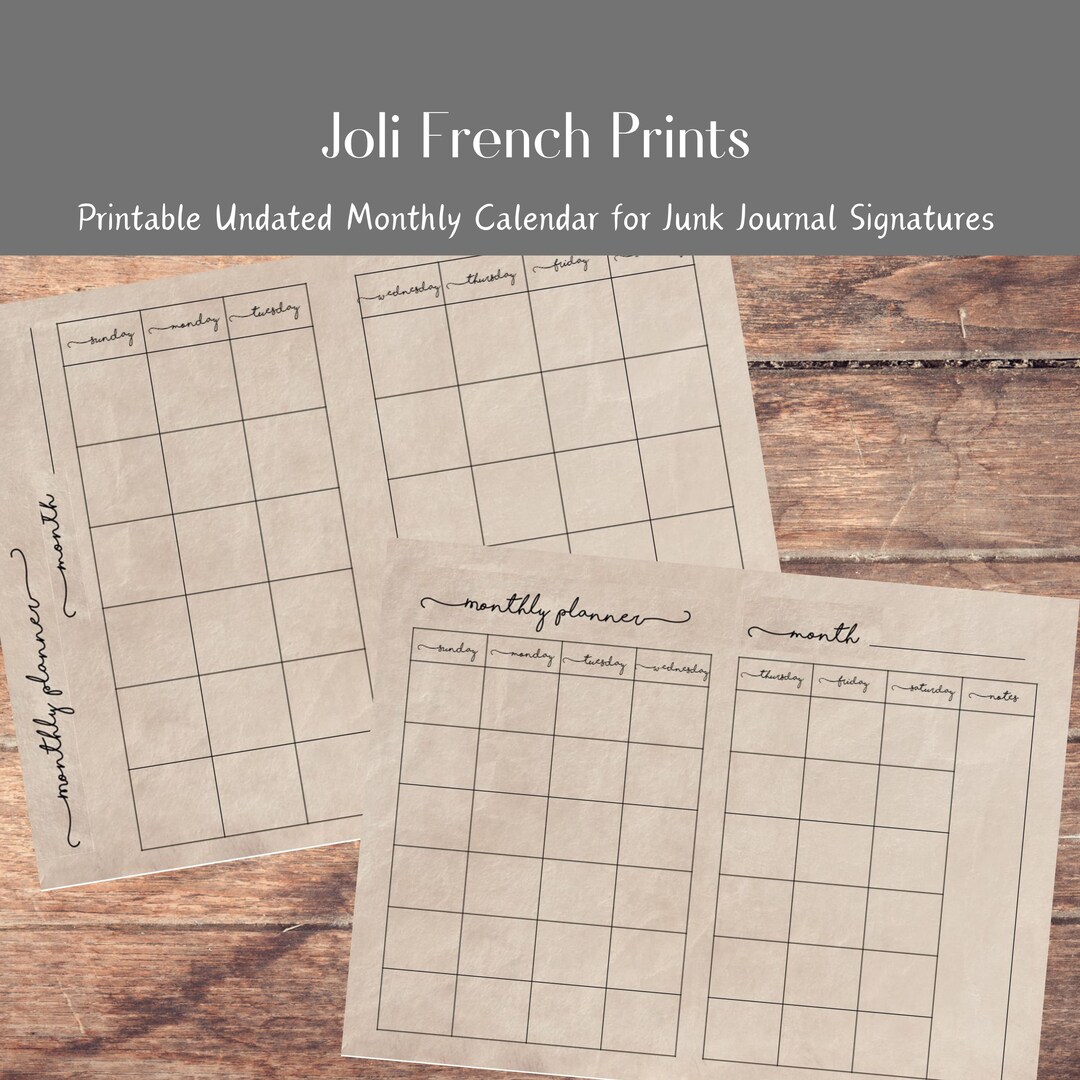 Undated Printable Monthly Calendar for Creative Journal Tinted JPG and ...