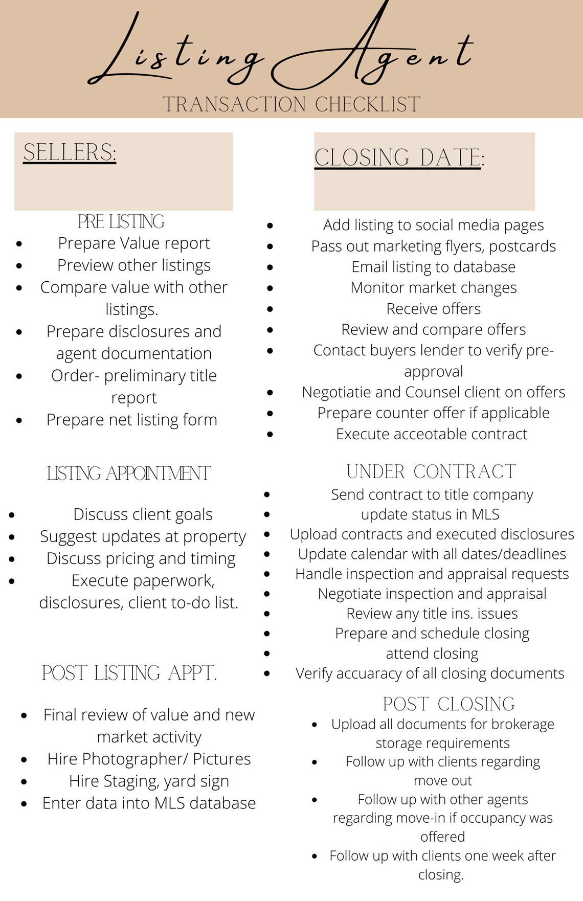 Listing & Buyers Agent Checklist Real Estate, Canva Instant Download - Etsy