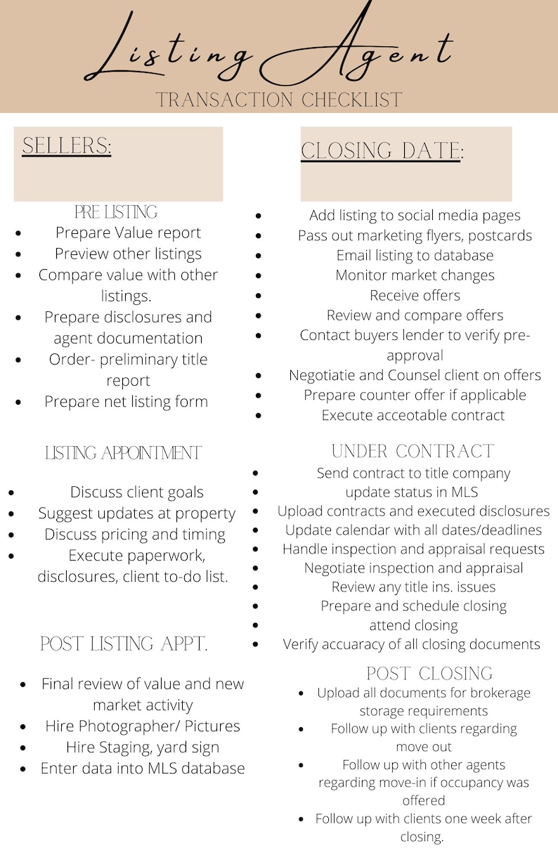 Listing & Buyers Agent Checklist Real Estate, Canva Instant Download - Etsy
