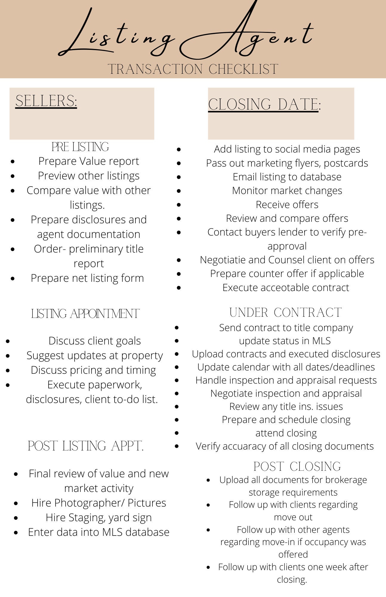 Listing & Buyers Agent Checklist Real Estate, Canva Instant Download - Etsy