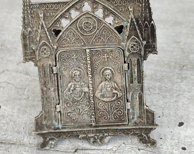 Rare Antique French Catholic Religious Triptych in Silvered Metal ...