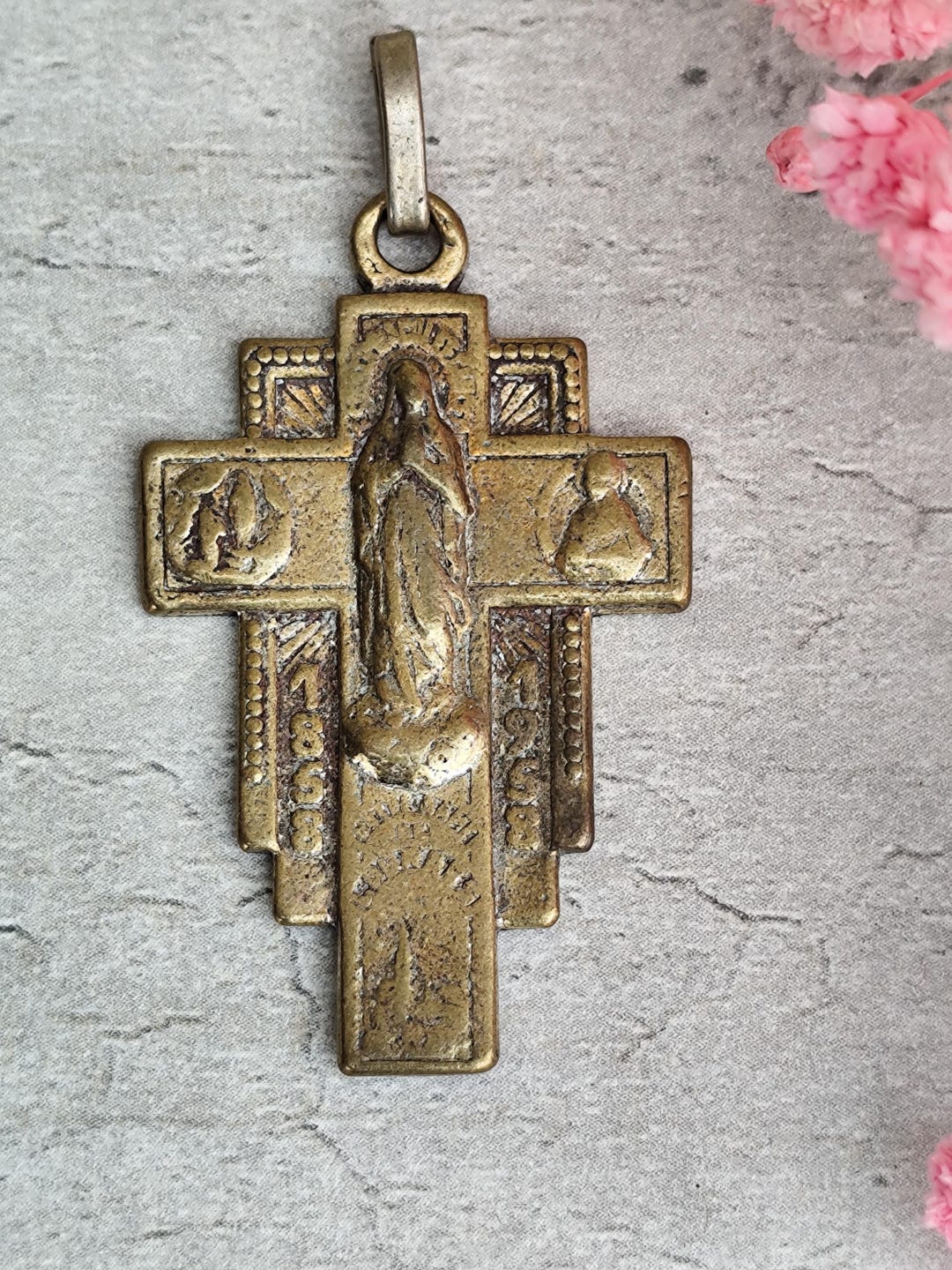 Vintage French Religious Cross Pendant, Virgin Mary Our Lady of Lourdes ...