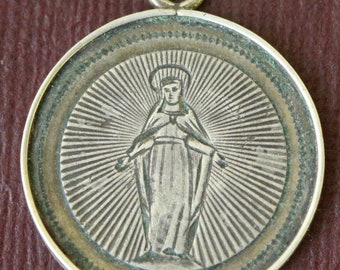 Antique Religious Solid Silver Medal, Virgin Mary, Painted on Porcelain ...