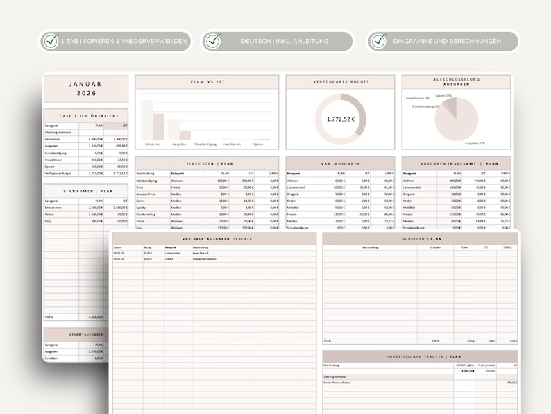 Simple Monthly Budget Planner 2026 (german) | Excel & Google Sheets ...