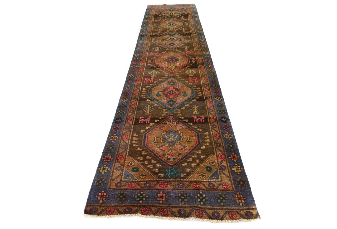 Muted Brown 3X14 Semi Antique Geometric Distressed Runner Rug oriental ...