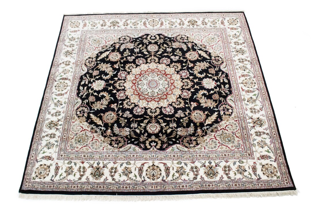 Black 8x8 Traditional Floral Wool Highlight Silk Square Rug Oriental ...