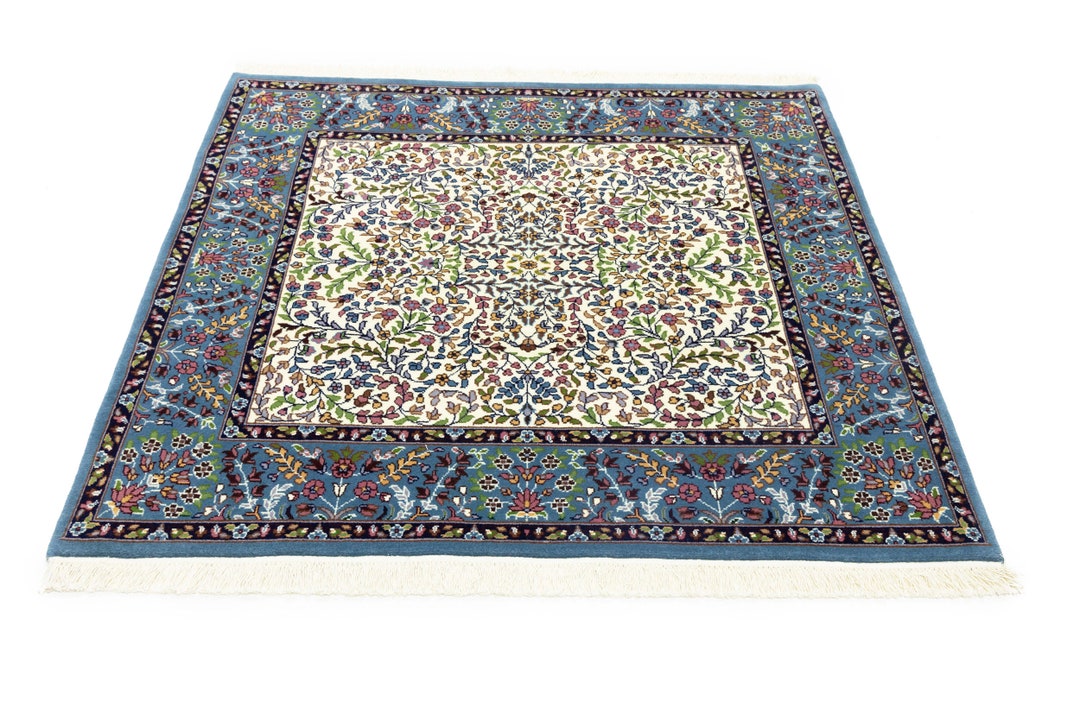 Cream Blue Classic 5x5 Floral Kirman Square Rug Oriental Natural Wool 4 ...