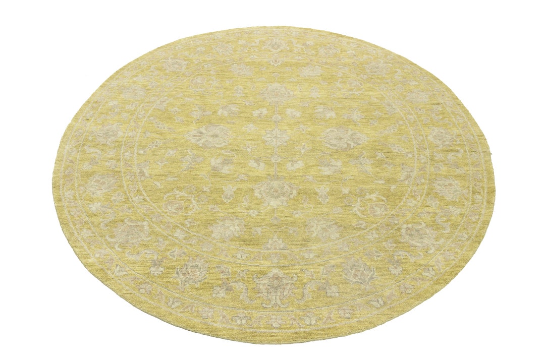 Muted Golden Yellow 8X8 Transitional Floral Round Rug Oriental Natural ...
