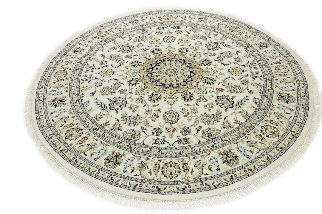 Cream 9X9 Floral Silk Wool Highlight Silk Round Rug Oriental Natural ...