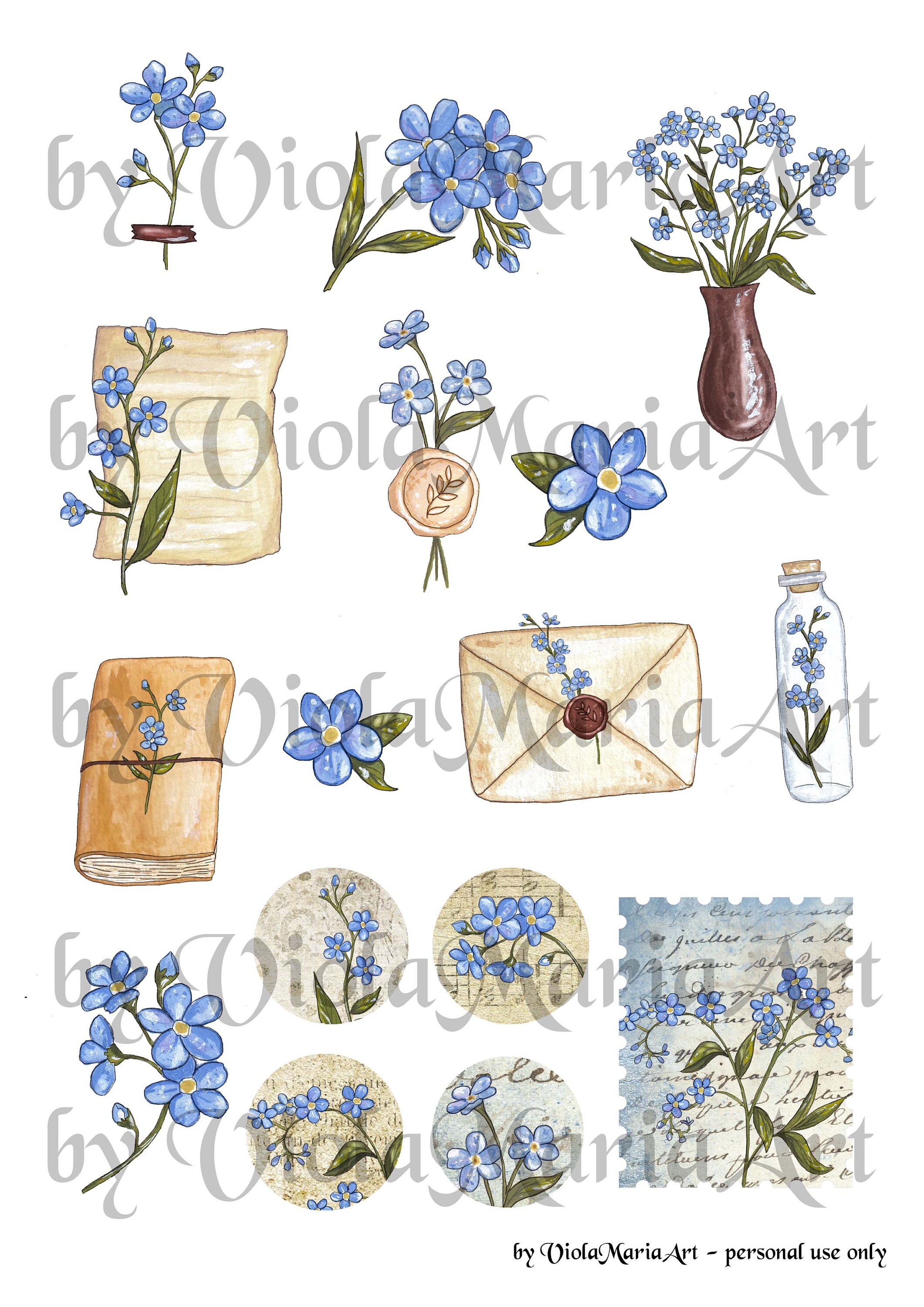 Printable forget-me-not stickers digital planner stickers | Etsy