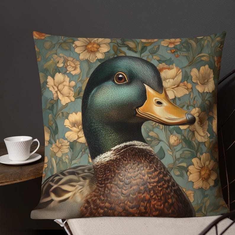 William Morris Mallard Duck Throw Pillow, Whimsical, Home Decor, Floral ...