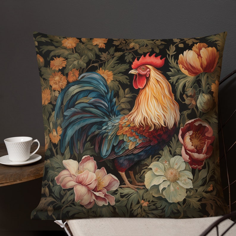 William Morris Cottagecore Rooster Throw Pillow, Farmhouse, Home Decor ...