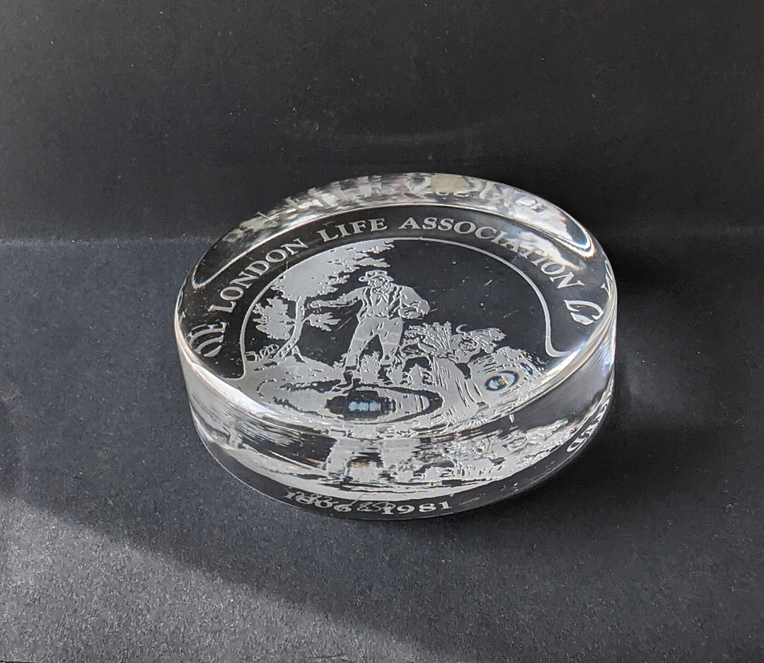 Vintage Darlington Clear Glass Paperweight Advertising London Life ...