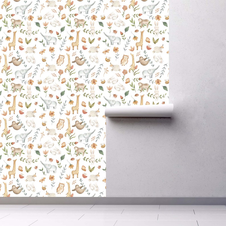 Baby Animals Wallpaper / Nursery Wall Mural / Giraffe, Elephant, Owl ...