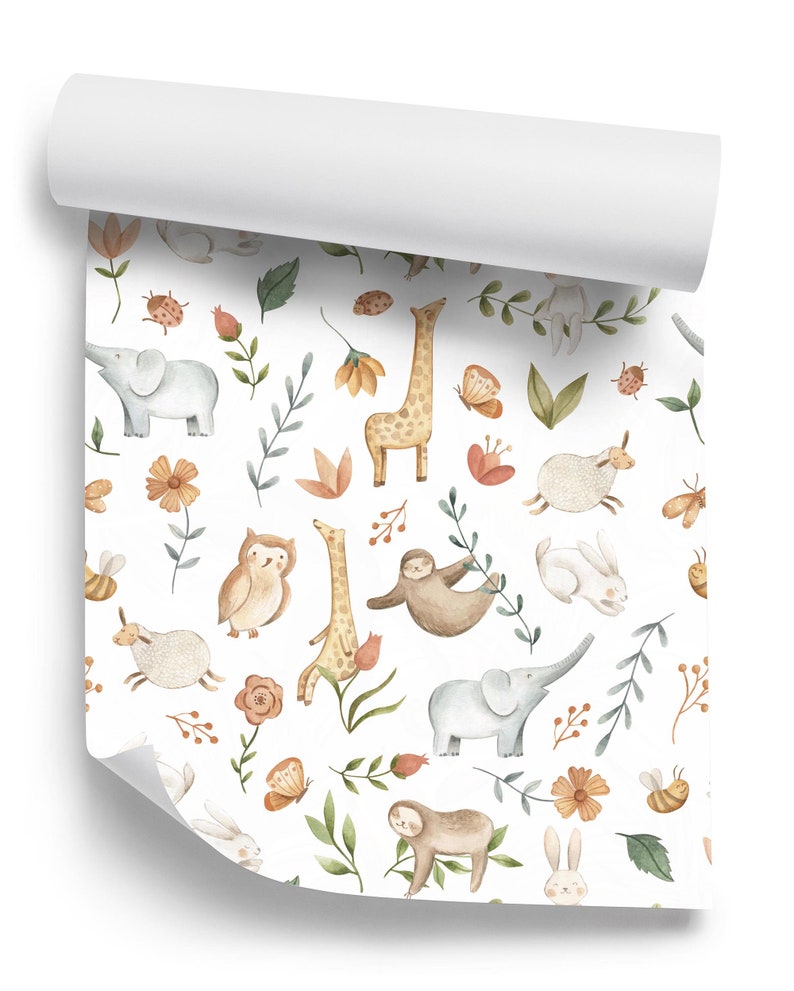 Baby Animals Wallpaper / Nursery Wall Mural / Giraffe, Elephant, Owl ...