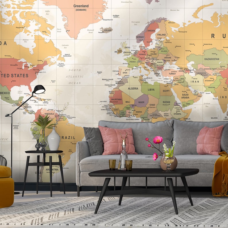 World Map Wall Mural / Detailed Globe / Educational Map / Travel ...