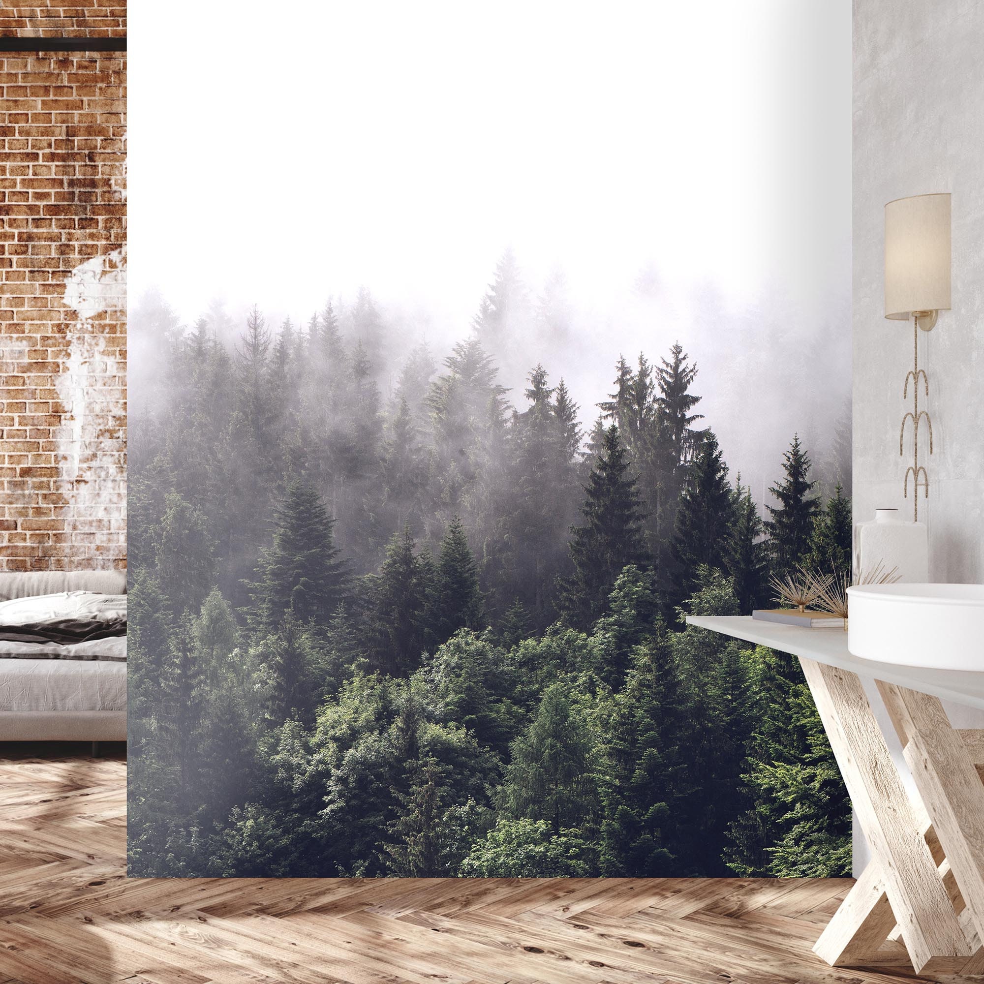 Misty Forest Wall Mural / Low Clouds / Pine Trees / Mountain Slope ...