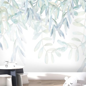 Watercolor Leaves Wall Mural / Nursery Wallpaper / White Background ...