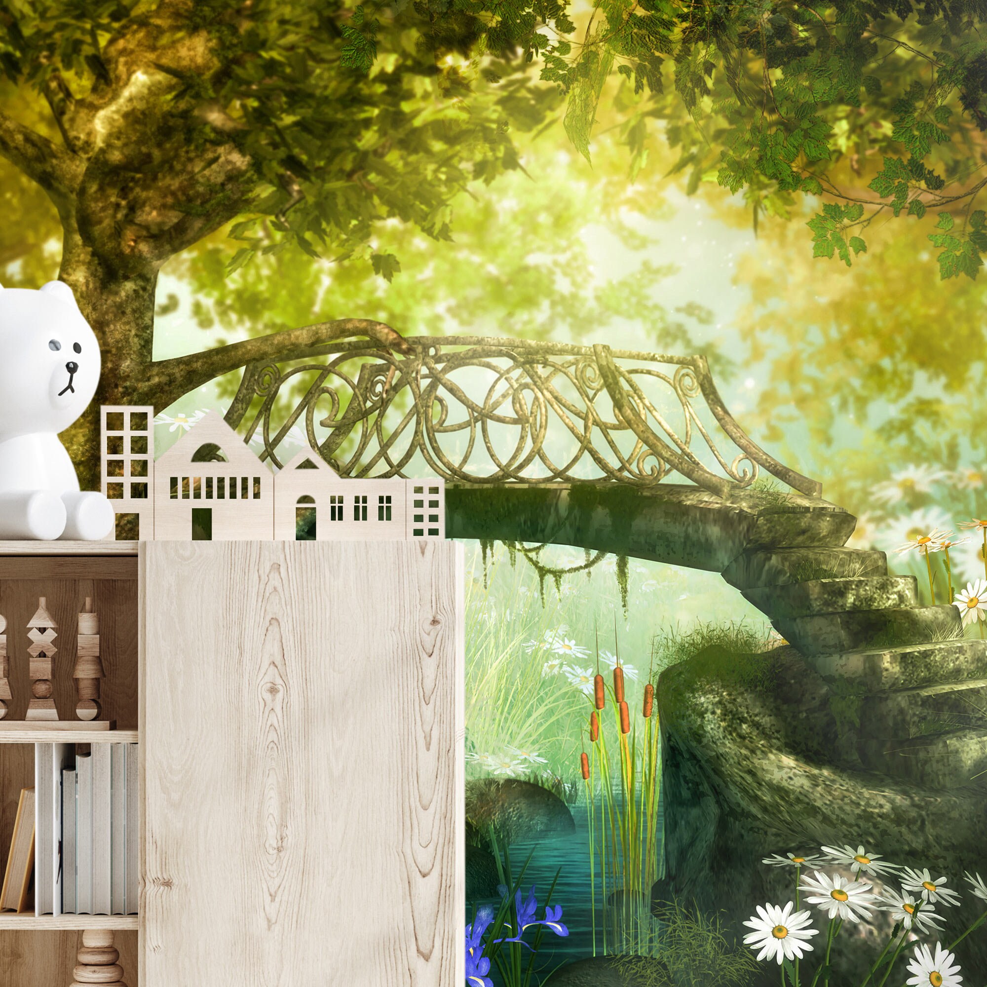 Magical Forest Wall Mural / Enchanting Bridge / Fairy Paradise / Bright ...