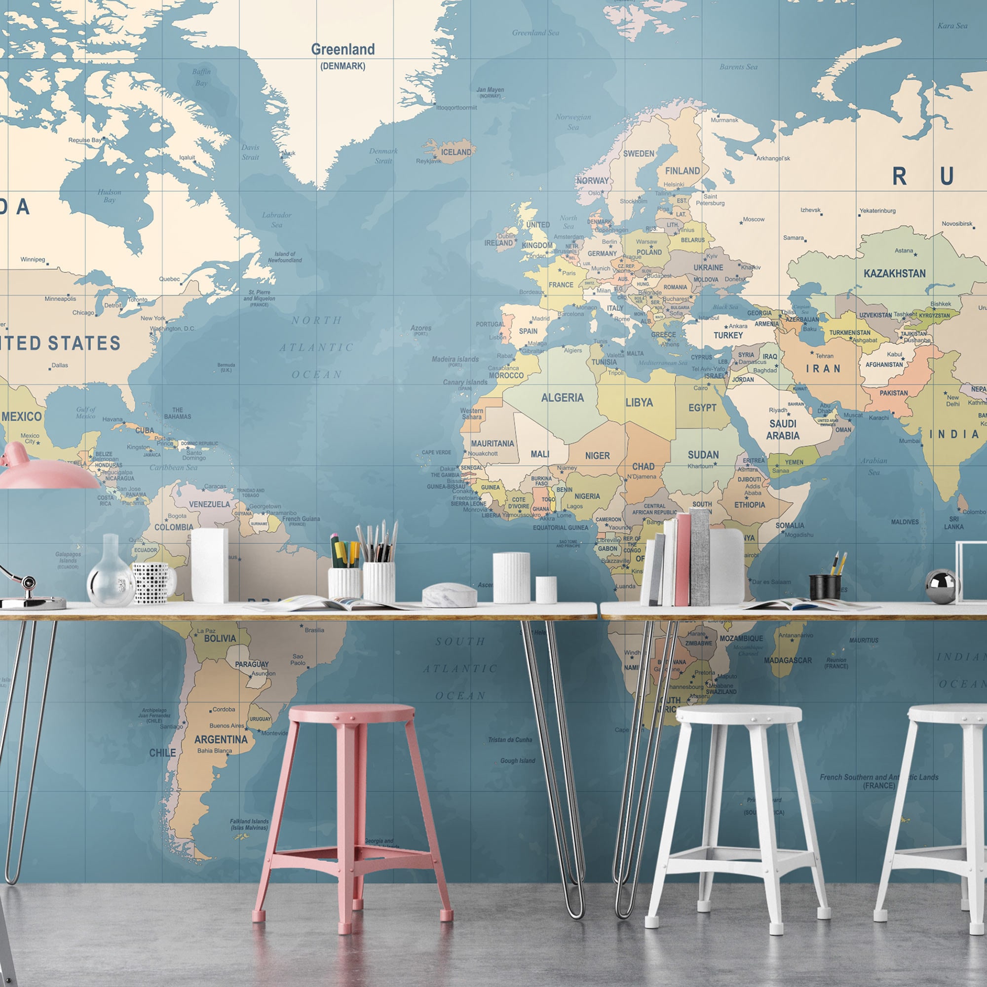 Classic World Map Wall Mural / Colored Chart / Study Room Decoration ...