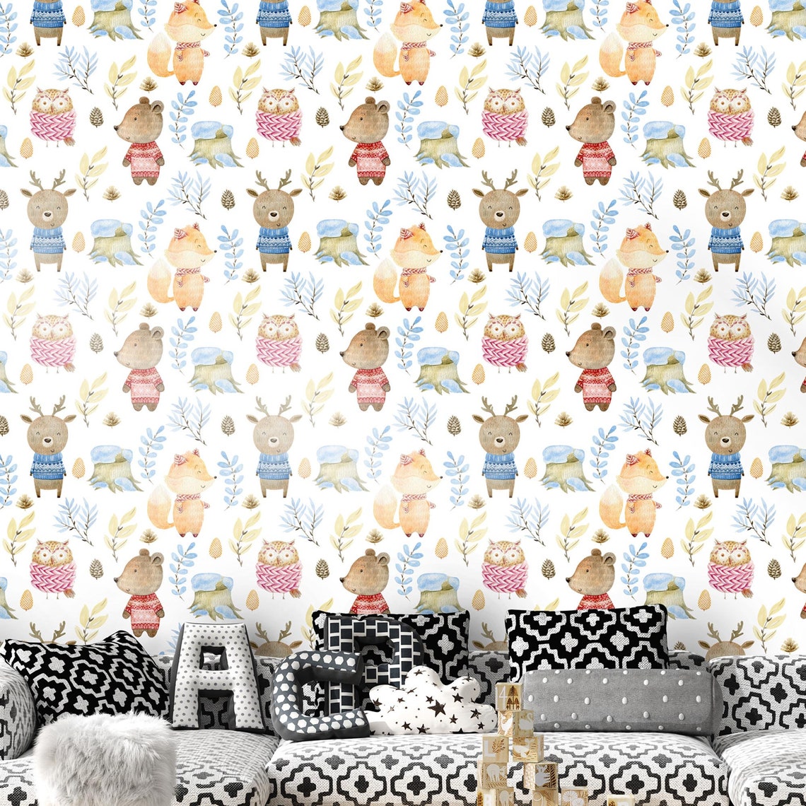 Forest friends wallpaper / nursery wall mural / watercolor | Etsy