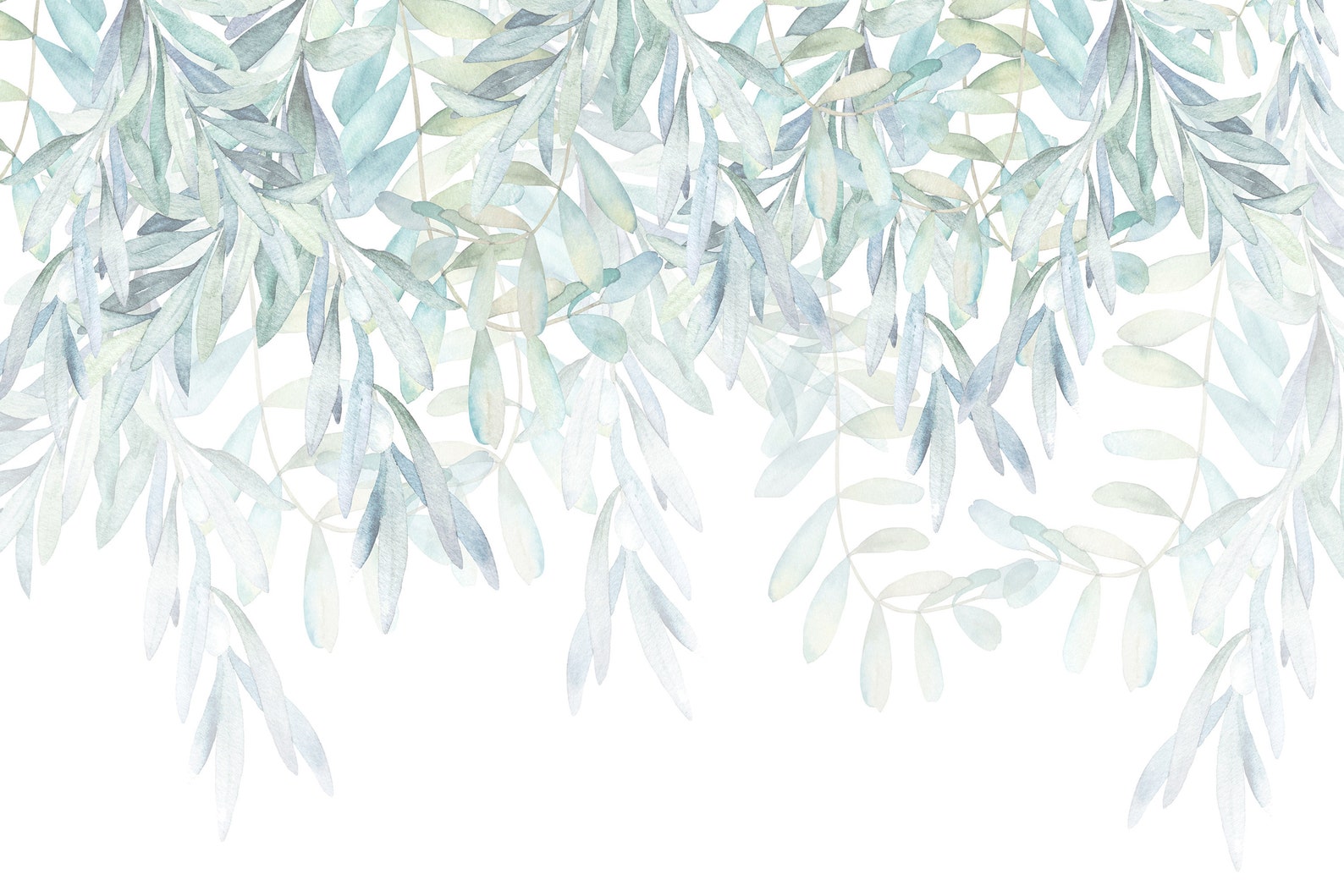 Watercolor Leaves Wall Mural / Nursery Wallpaper / White Background ...