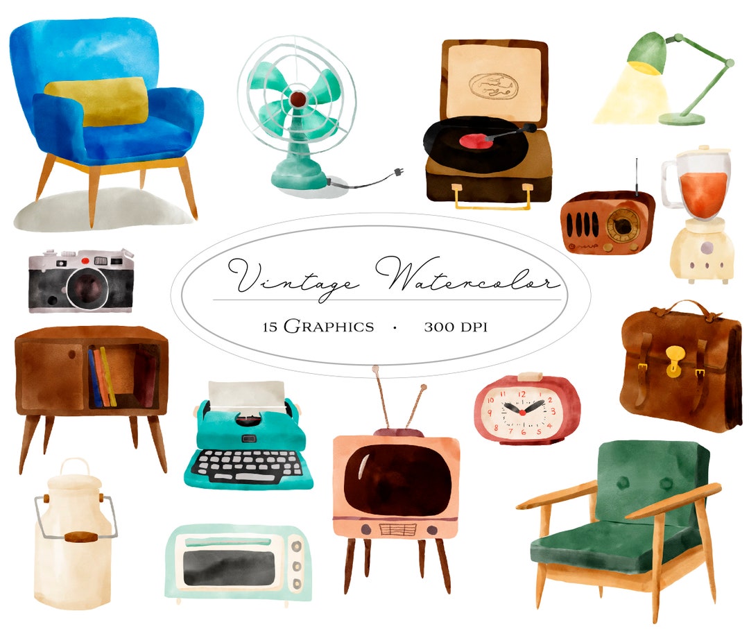 Watercolor Vintage Clip Art Set| Digital Download| Retro Furniture ...