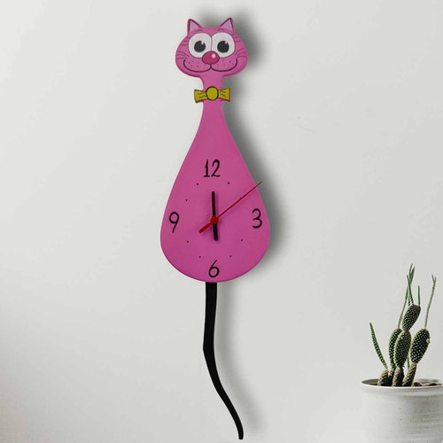 3D Swinging Pendulum Fuchsia Wooden Cat Clock - Etsy