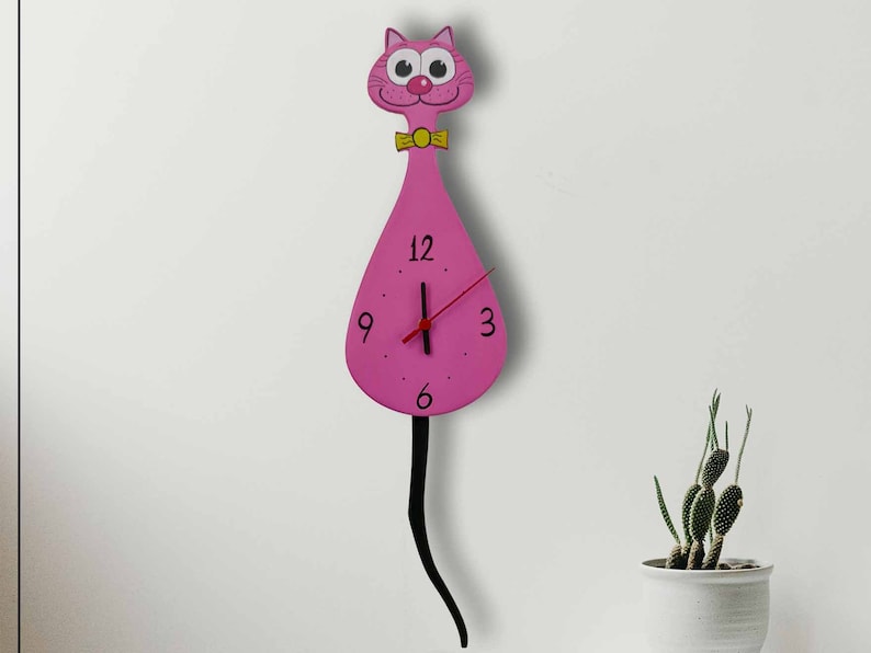 3D Swinging Pendulum Fuchsia Wooden Cat Clock - Etsy