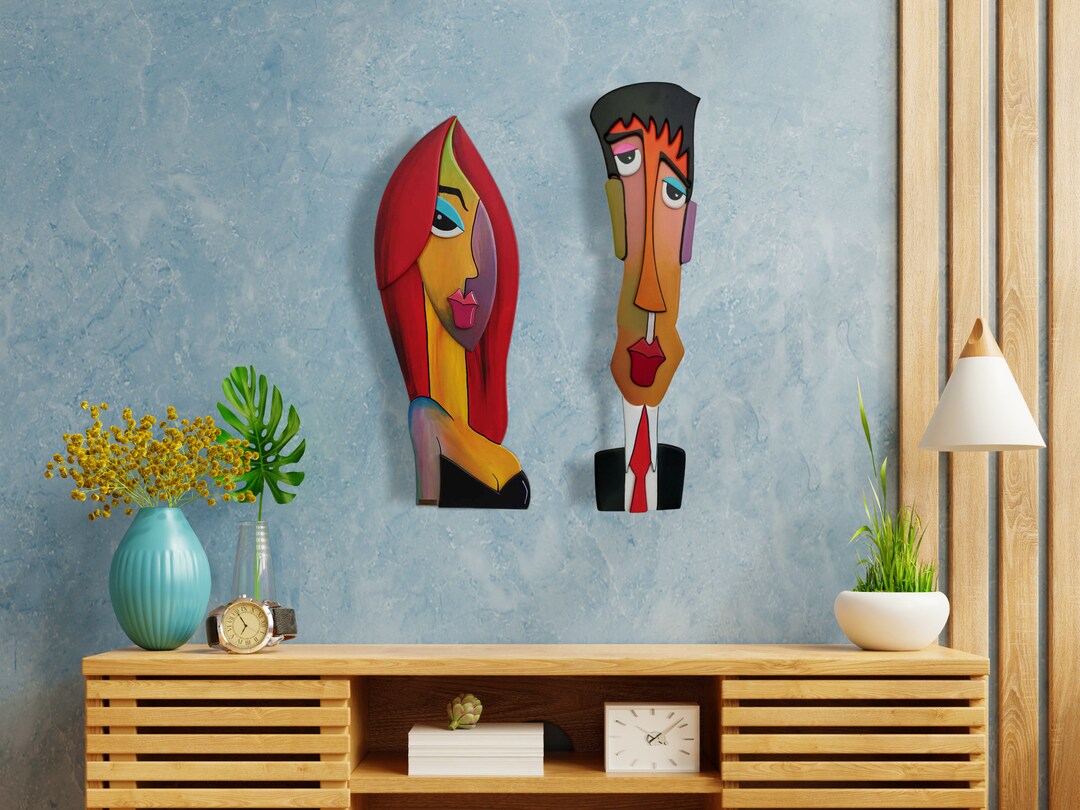 3D Cubism Wood Painting Female Male Figure Set - Etsy