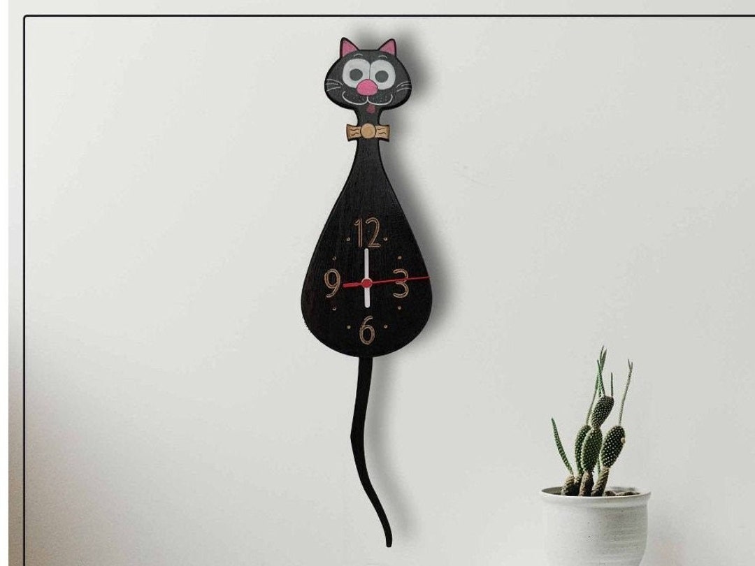 3D Swinging Pendulum Black Wooden Cat Clock - Etsy