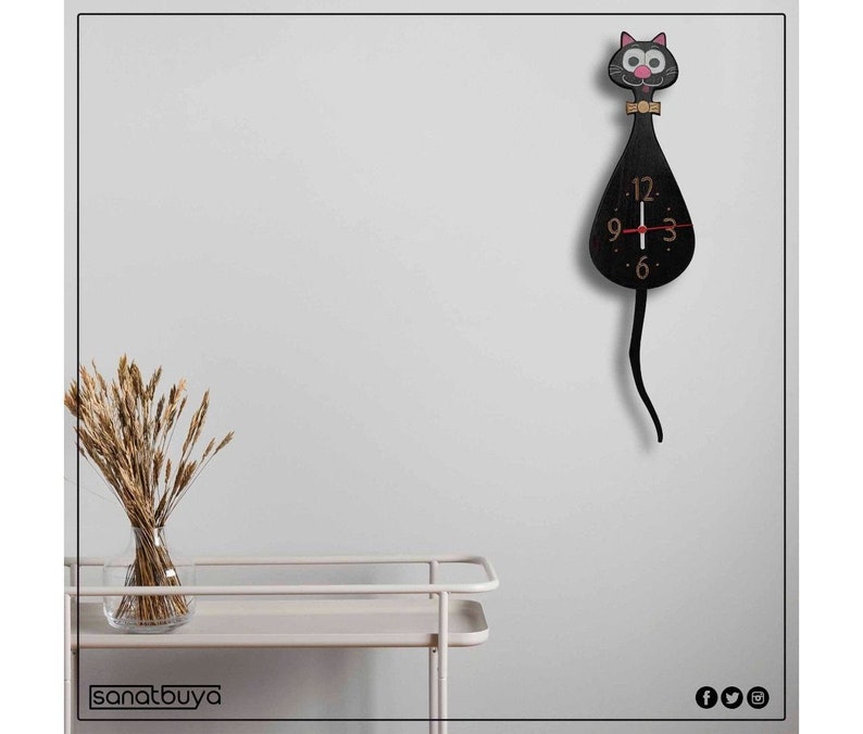 3D Swinging Pendulum Black Wooden Cat Clock - Etsy