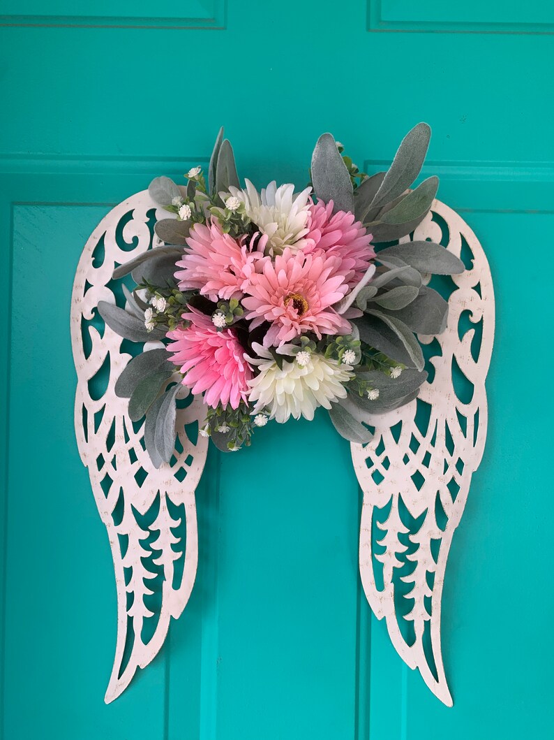 White Distressed Angel Wings With Gerber Daisy in Pink and White - Etsy