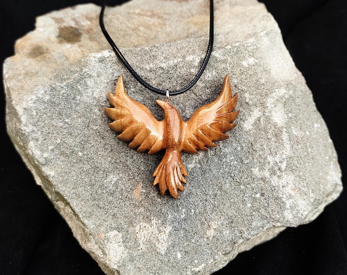 Rising Phoenix Necklace, Hand Carved Wooden Phoenix Pendant, Fantasy ...
