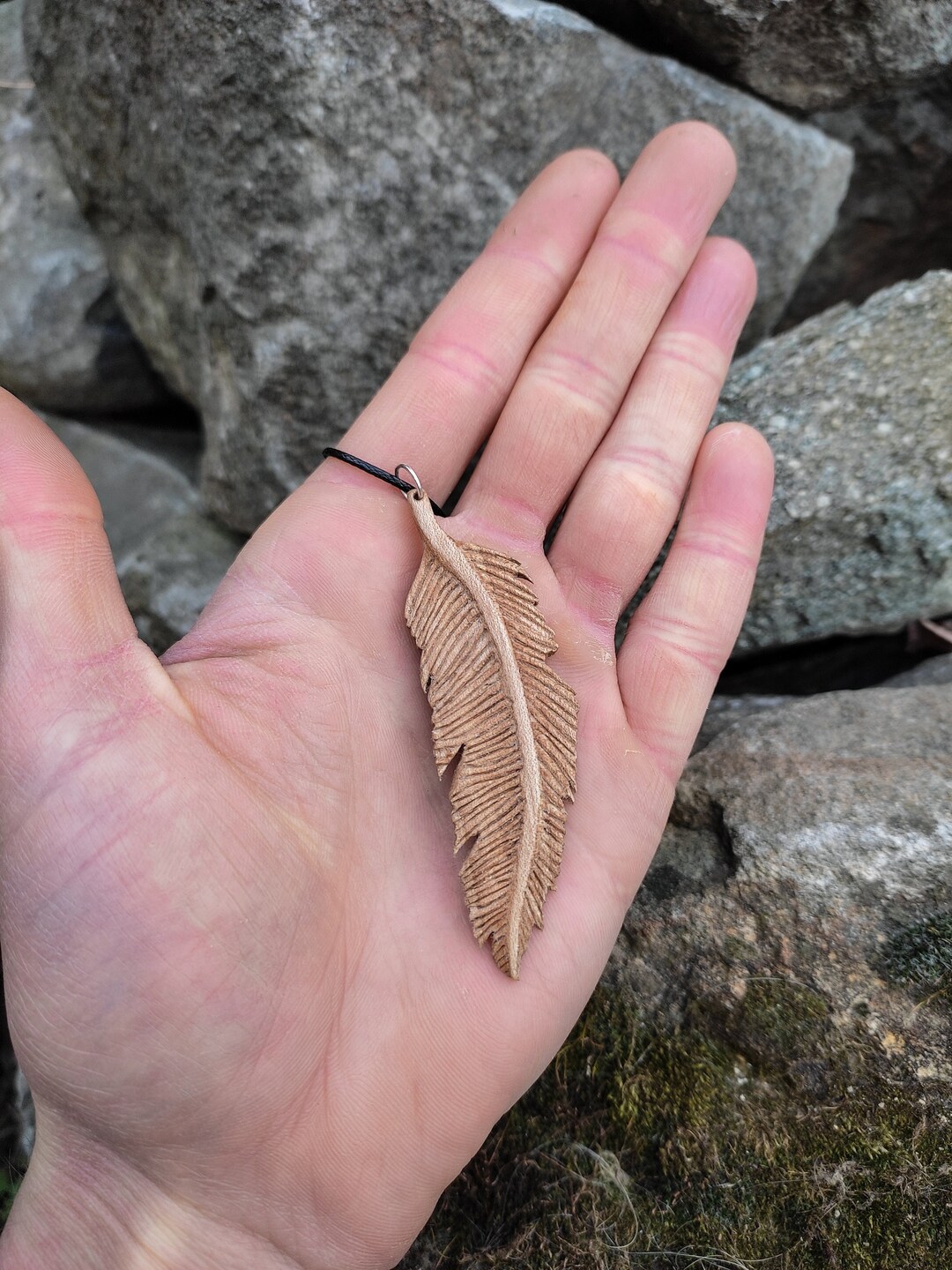 Feather Pendant, Hand Carved Feather Necklace, Wooden Neckalce, Feather ...