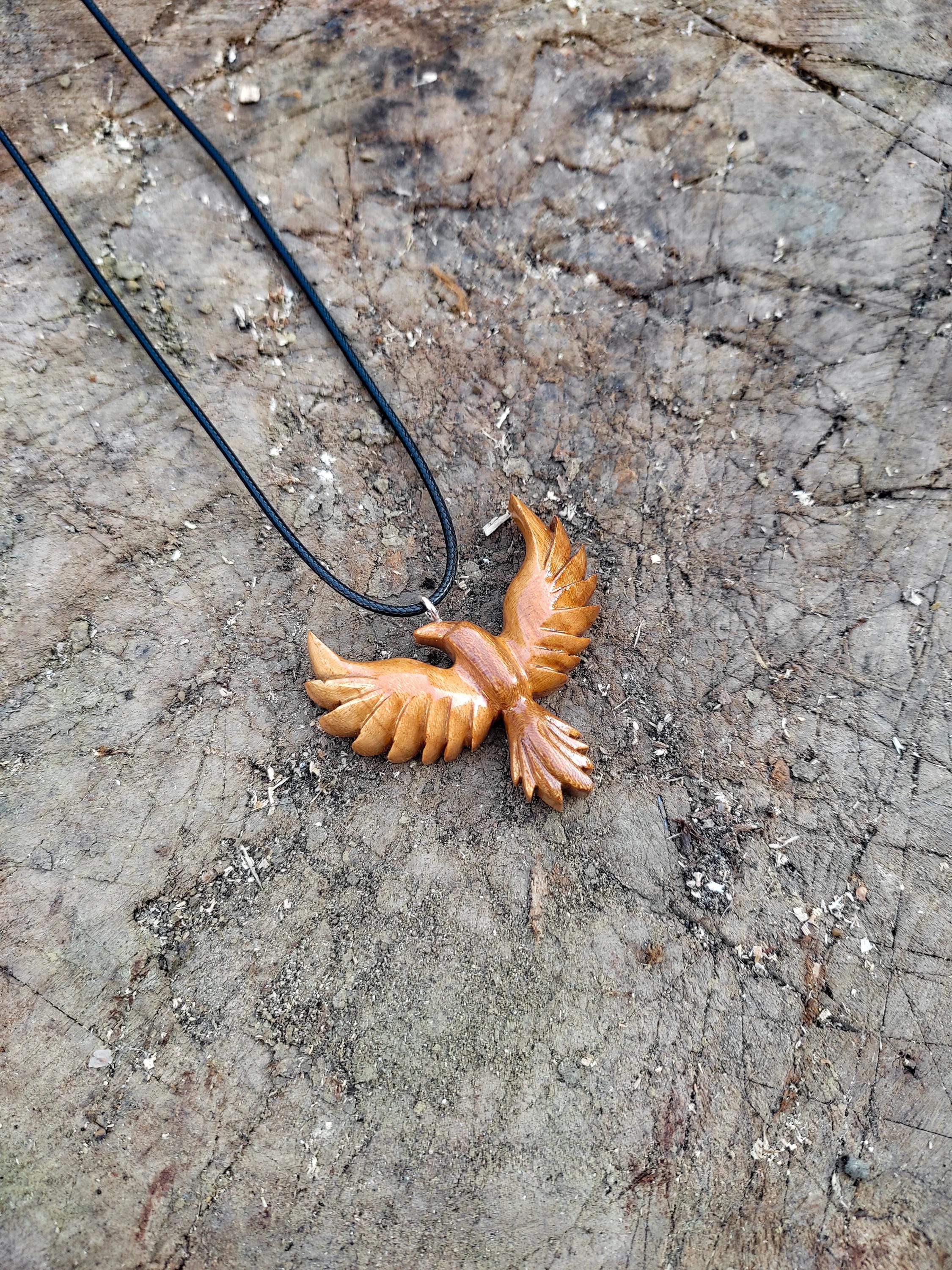 Hand Carved Walnut Wood Phoenix Necklace, Firebird Charm - Etsy
