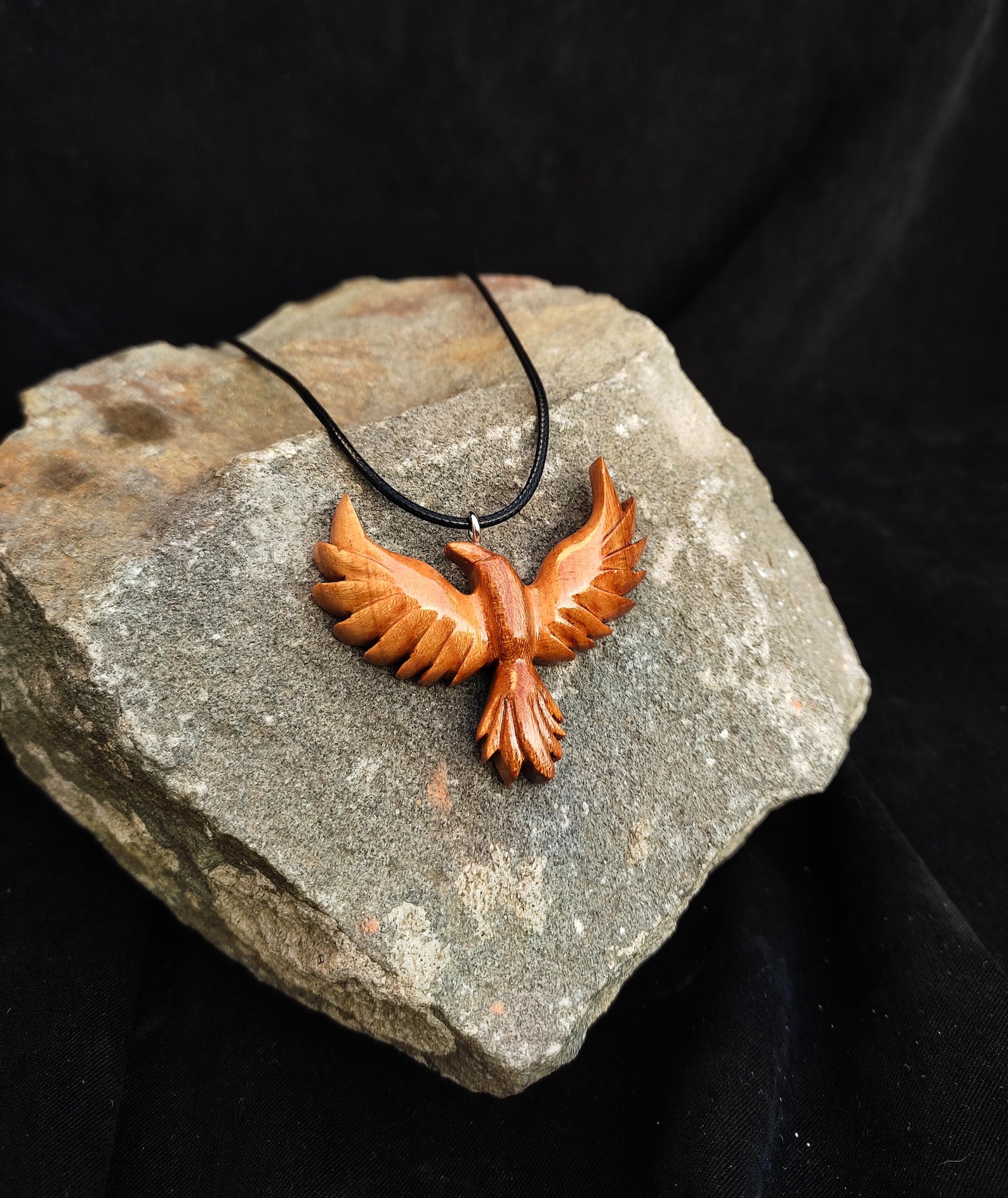 Hand Carved Walnut Wood Phoenix Necklace, Firebird Charm - Etsy