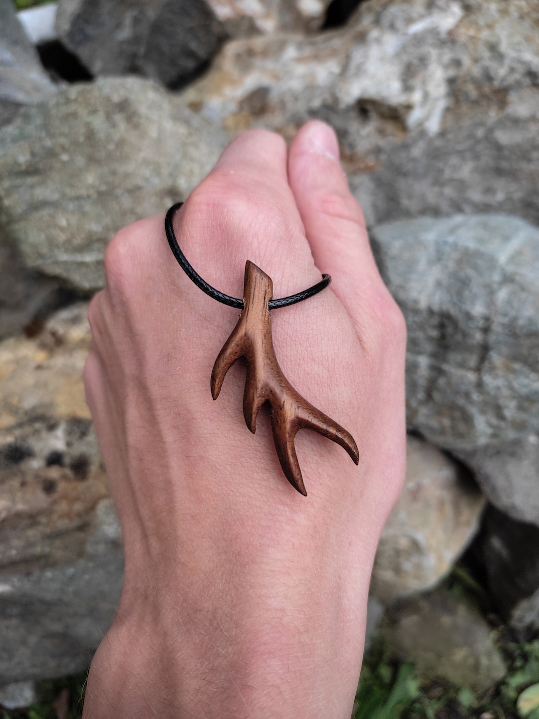 Hand Carved Wooden Antler Pendant - Rustic Nature-inspired Jewelry ...