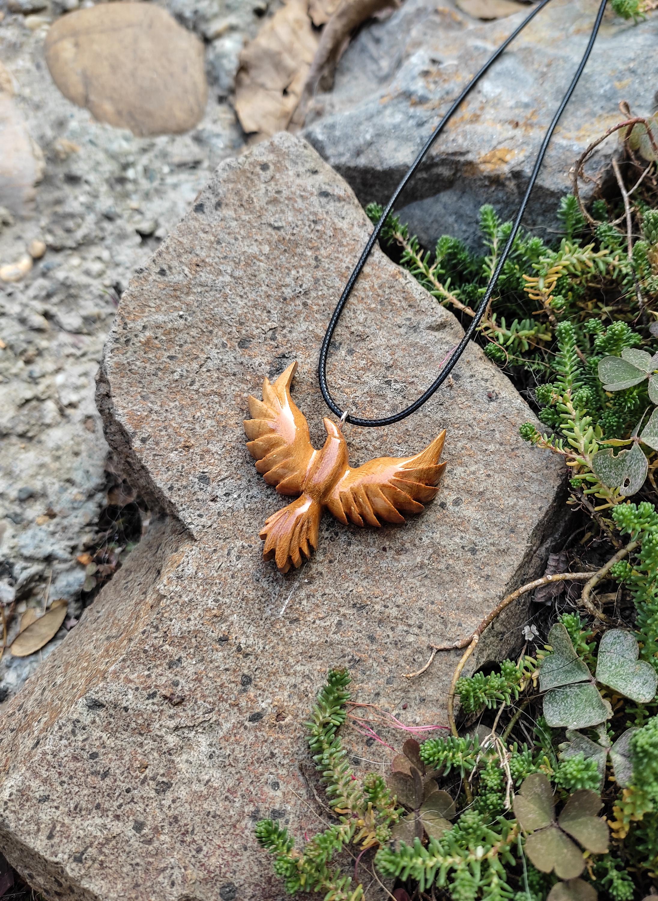 Hand Carved Walnut Wood Phoenix Necklace, Firebird Charm - Etsy