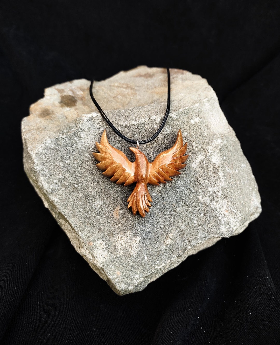 Rising Phoenix Necklace, Hand Carved Wooden Phoenix Pendant, Fantasy ...