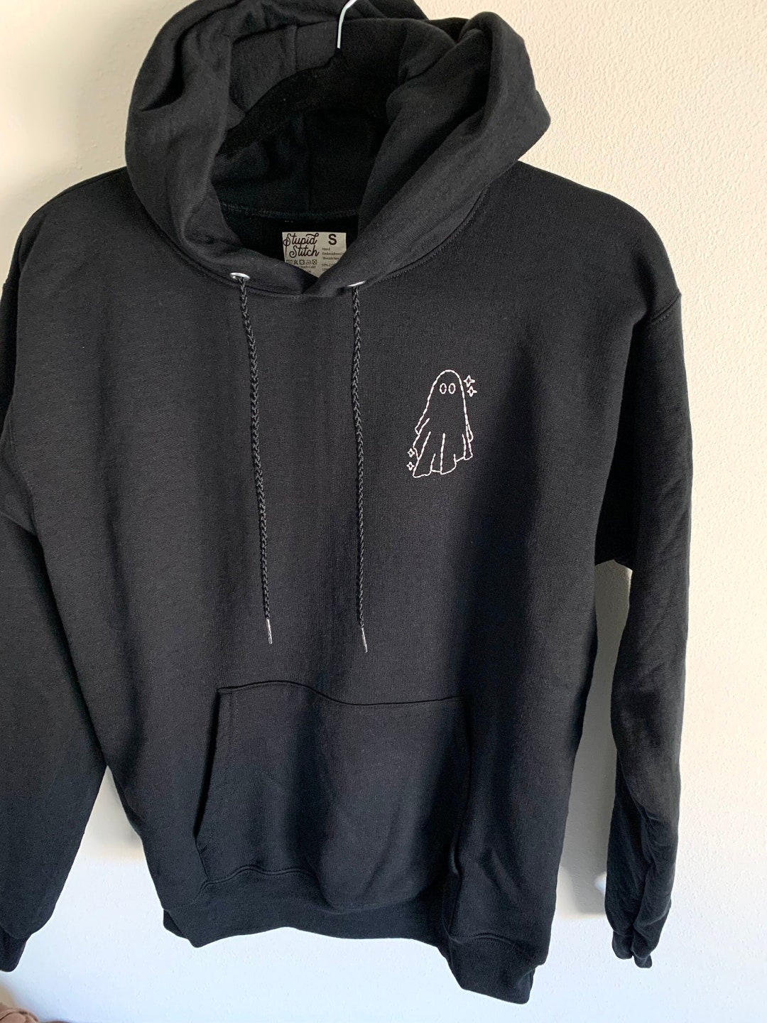 Hand Embroidered Sparkly Sheet Ghost, Black Fleece Long Sleeve Hoodie ...