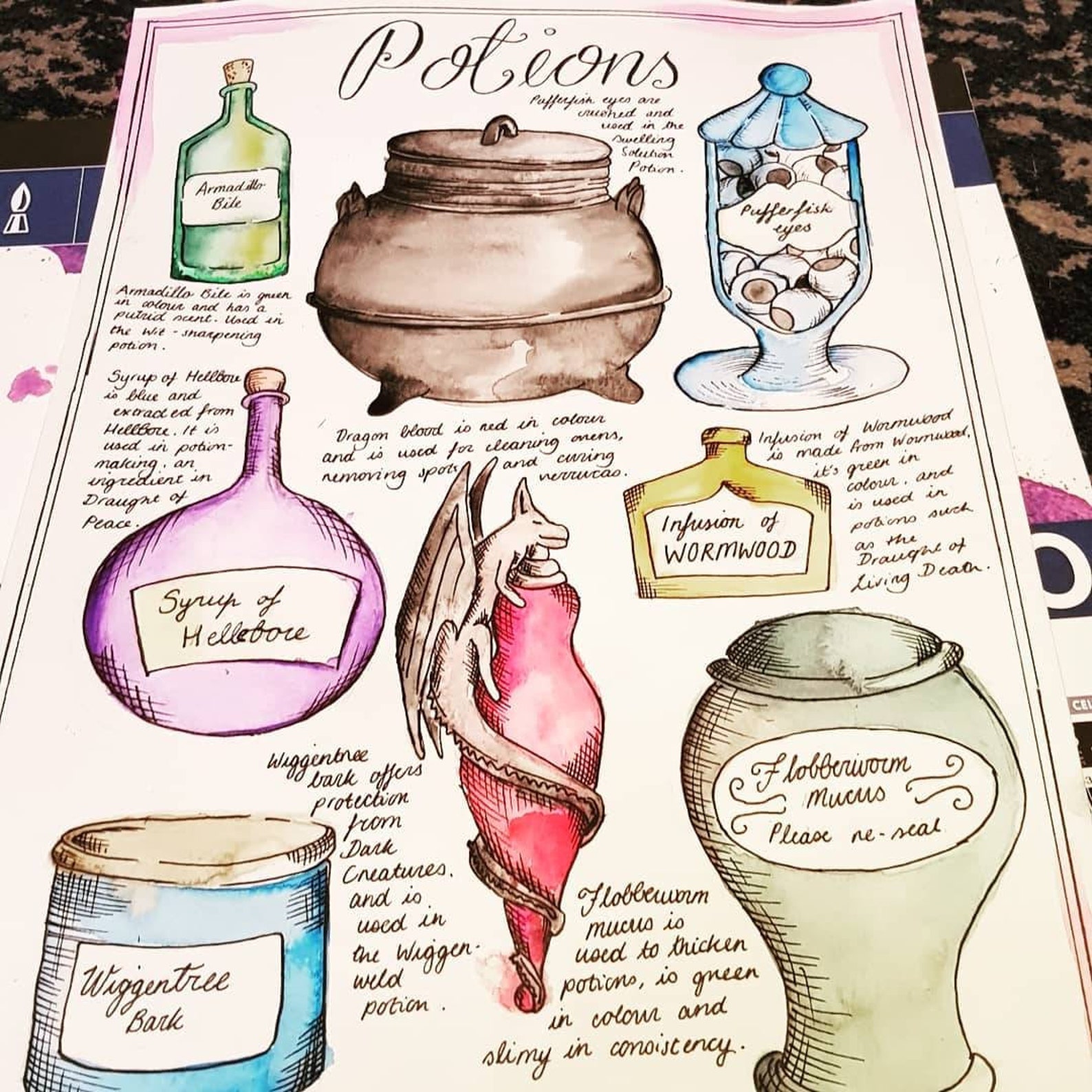 Harry Potter Fan Art Potions Print Watercolor and Ink Hogwarts | Etsy