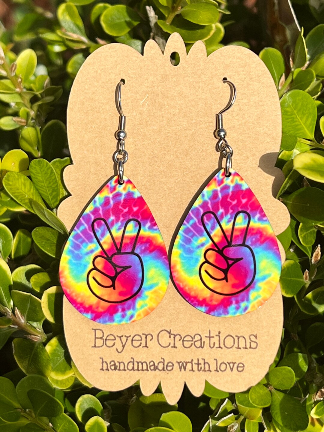 Peace Sign Earrings. Peace Symbol With Hands Tie Dye Earrings. Dangle ...
