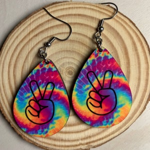 Peace Sign Earrings. Peace Symbol With Hands Tie Dye Earrings. Dangle ...